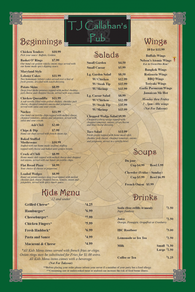 TJ Callahan's Pub | Menu