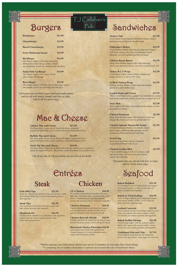 TJ Callahan's Pub | Menu